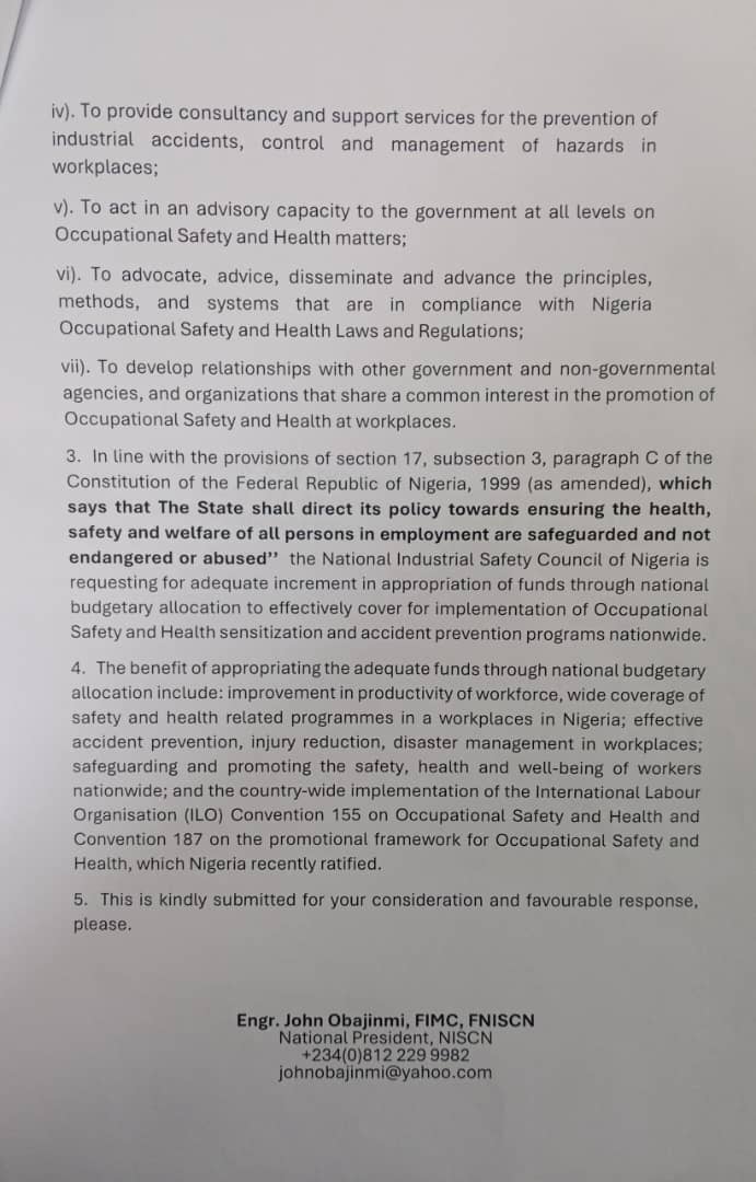 NISCN Writes Tinubu, NASS To Raise 2026 Budget For Occupational Safety ...